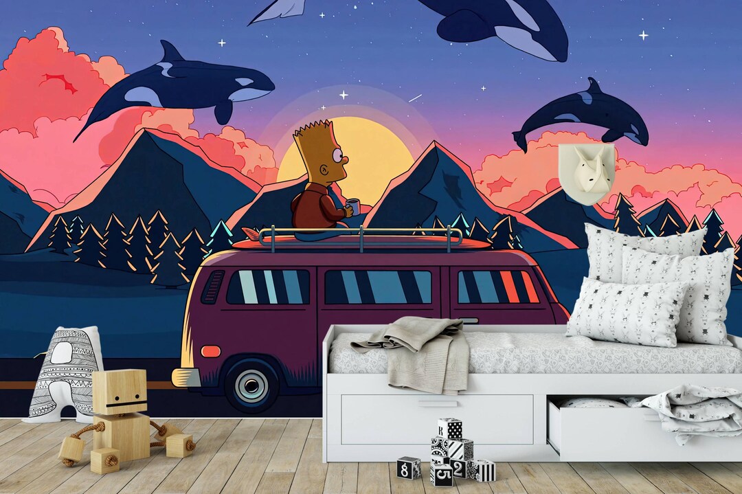 Colorful Bart Simpson Wall Mural With Sunset Mountains and Orcas, Peel ...