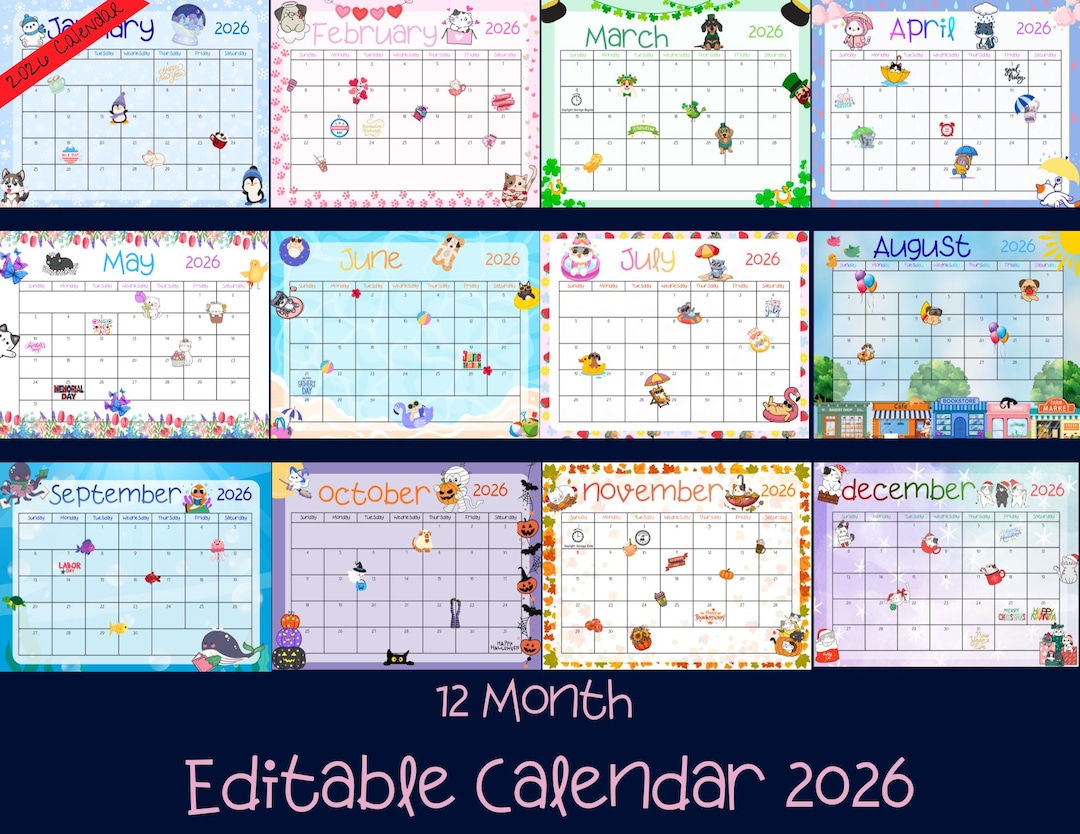 Editable 2026 Monthly Calendar, Cute Printable 2026 Planner for Kids ...