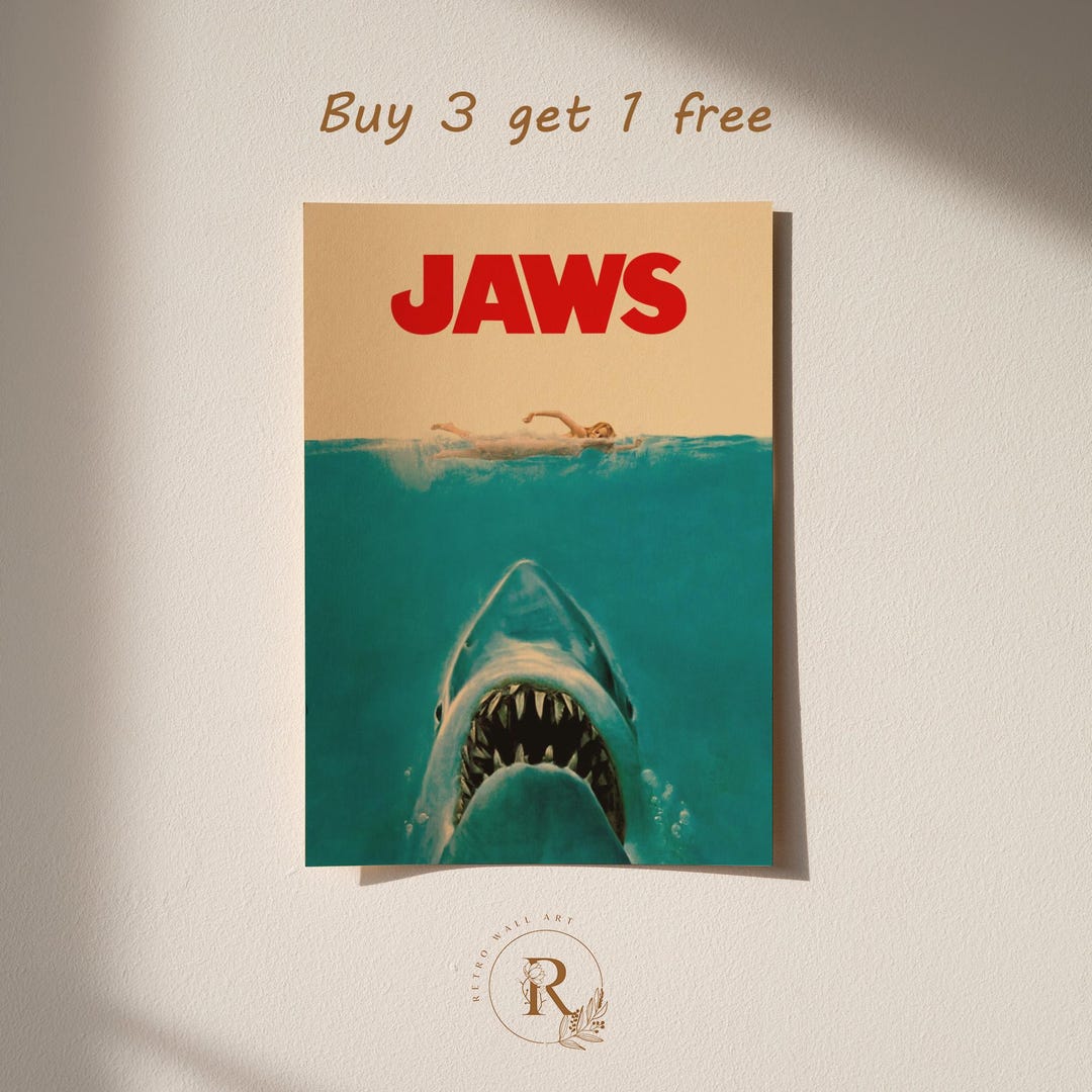 Jaws Poster | Movie Wall Decor | Retro Film Print | Home Theater Art ...