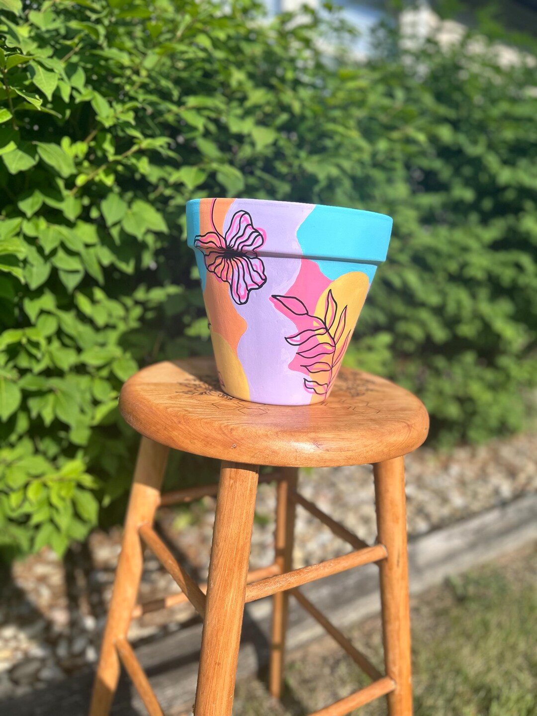 Hand Painted Planter Pot With Multiple Colors Blocks and Flowers ...