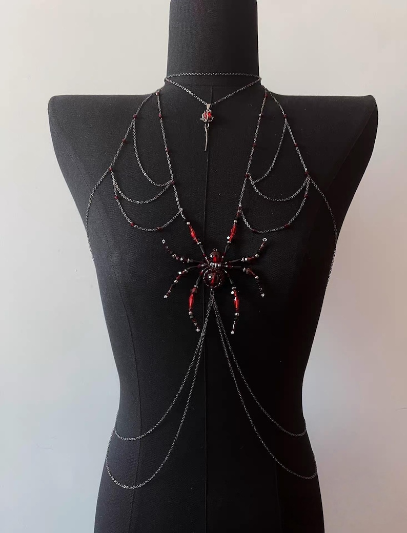 Gothic Red Spider Brooch – Vampire Beaded Insect Pin With Dangling ...