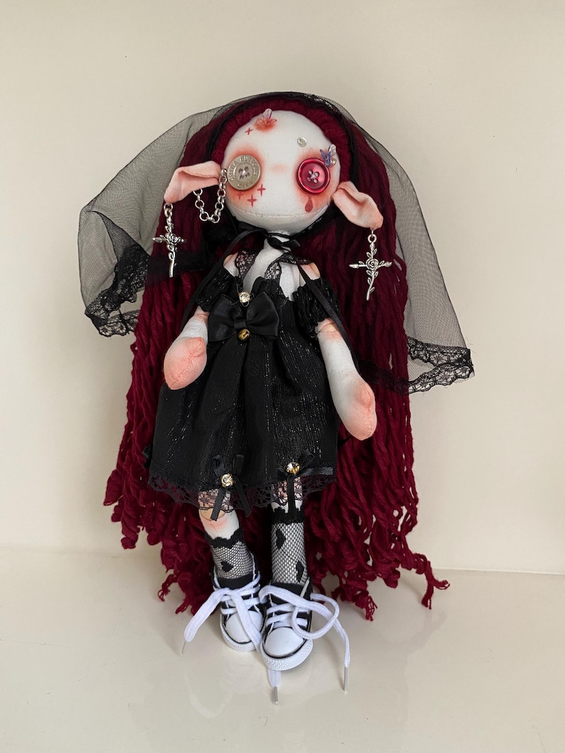 Gothic Cloth Doll – Handmade Creepy Cute Art Doll With Red Hair, Lace ...