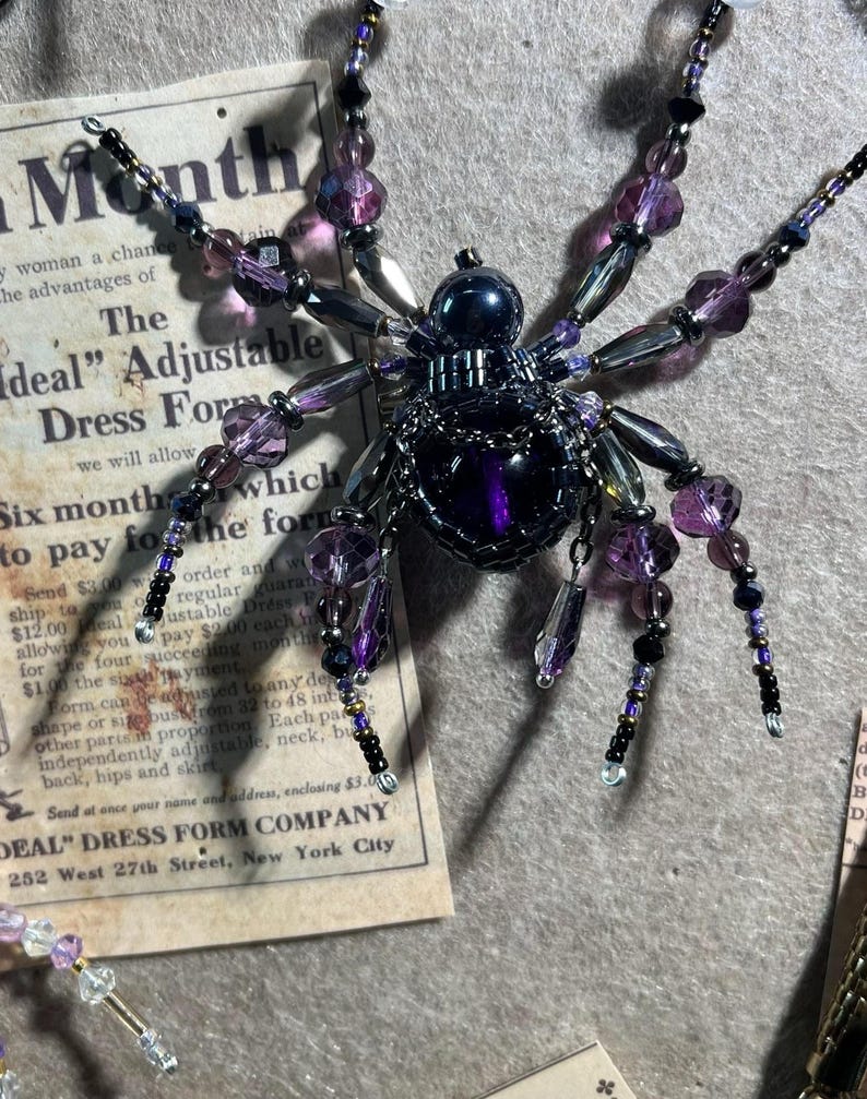 Witch Spider Statement Necklace – Gothic Purple Beaded Pendant, Spider ...