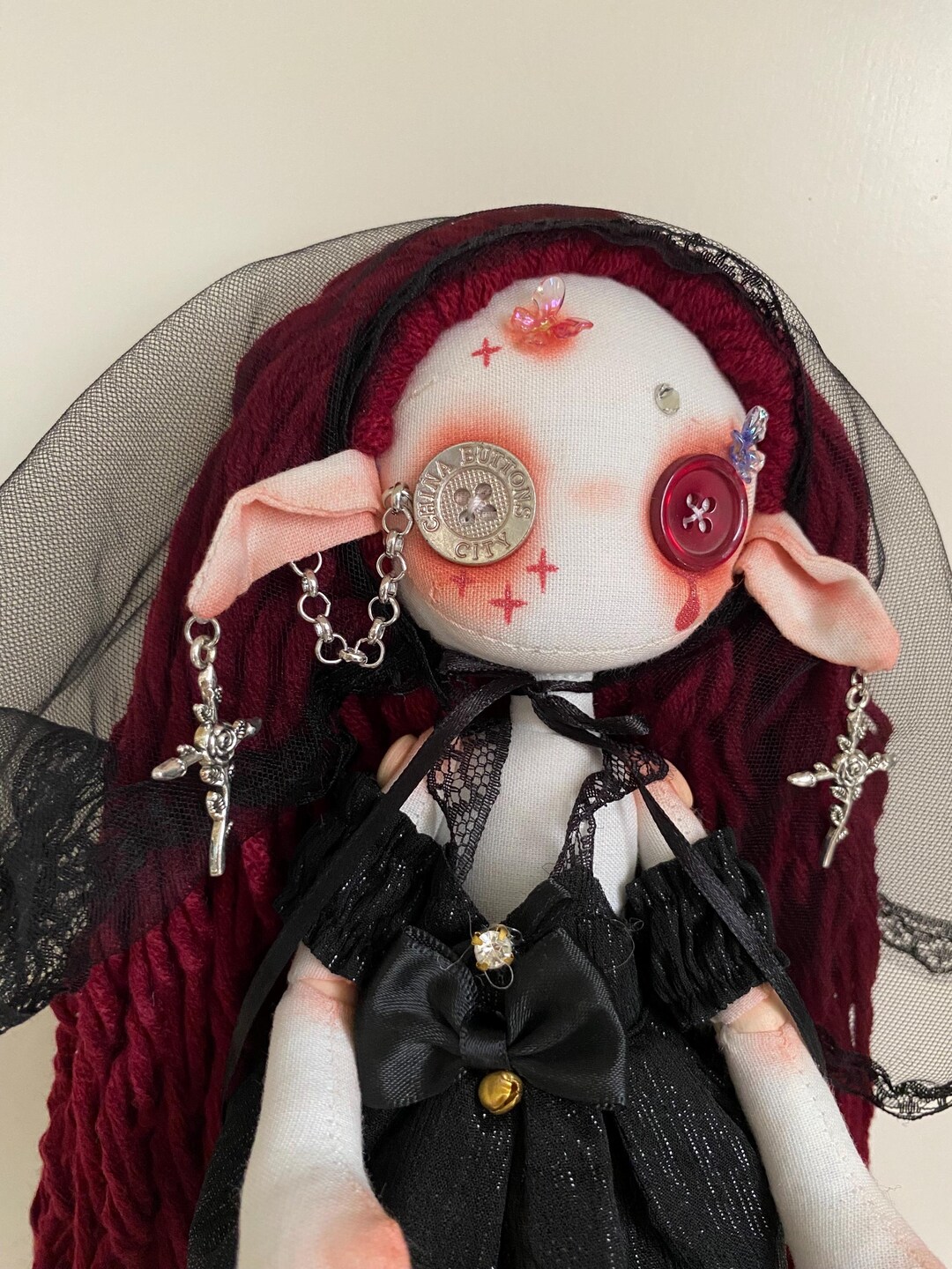 Gothic Cloth Doll – Handmade Creepy Cute Art Doll With Red Hair, Lace ...
