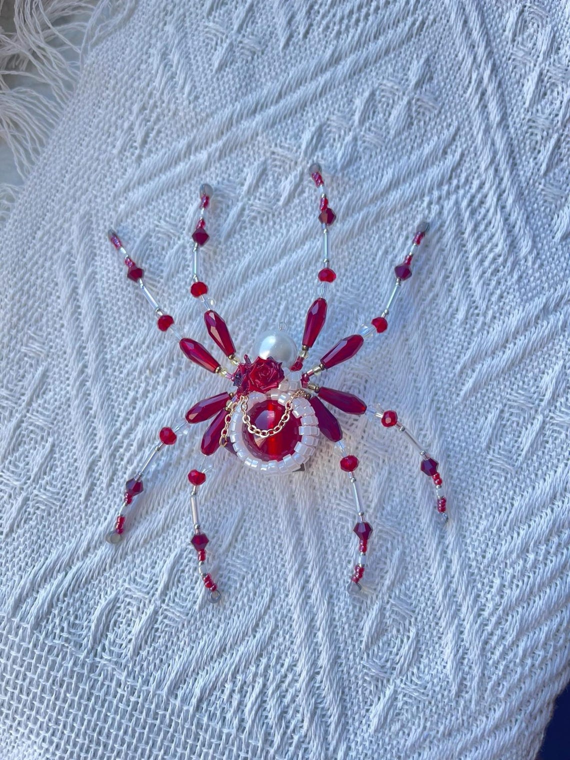 Red Rose Spider Brooch – Handmade Gothic Beaded Insect Jewelry, White ...