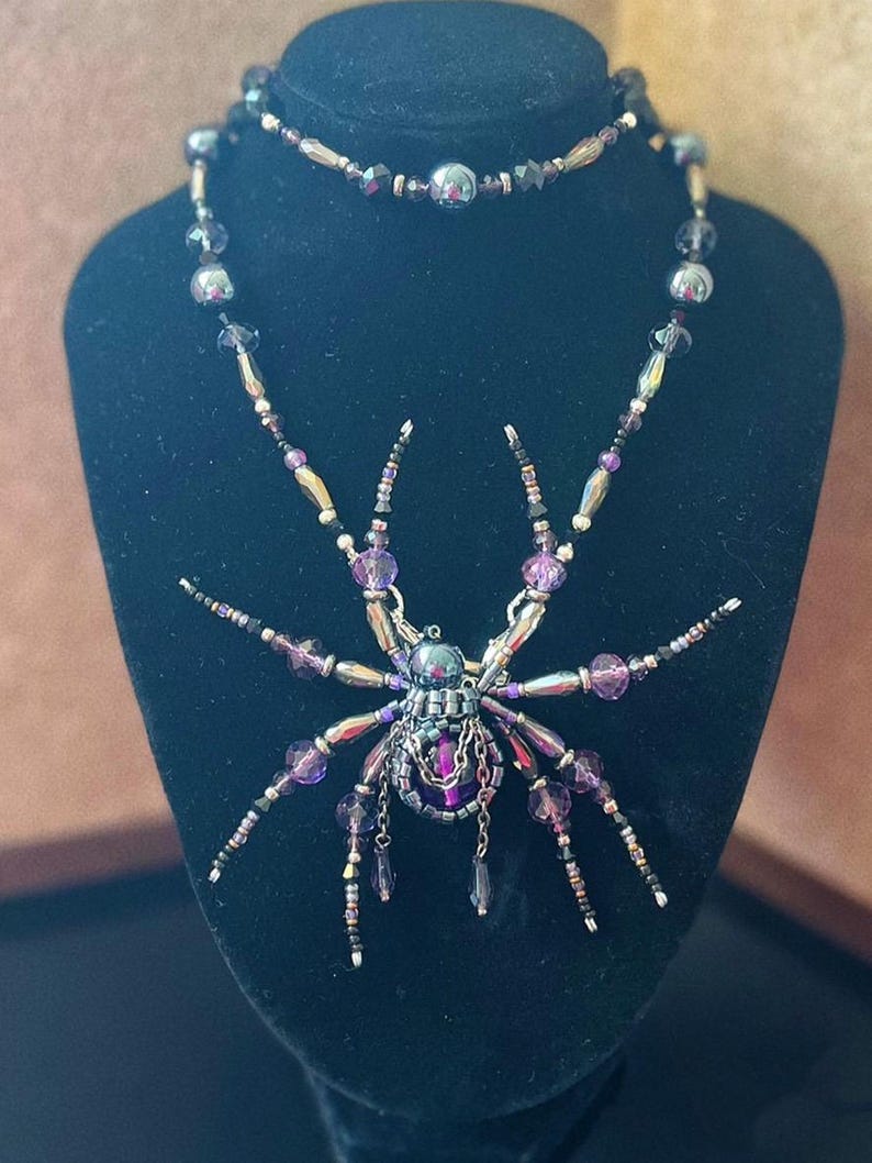 Witch Spider Statement Necklace – Gothic Purple Beaded Pendant, Spider ...