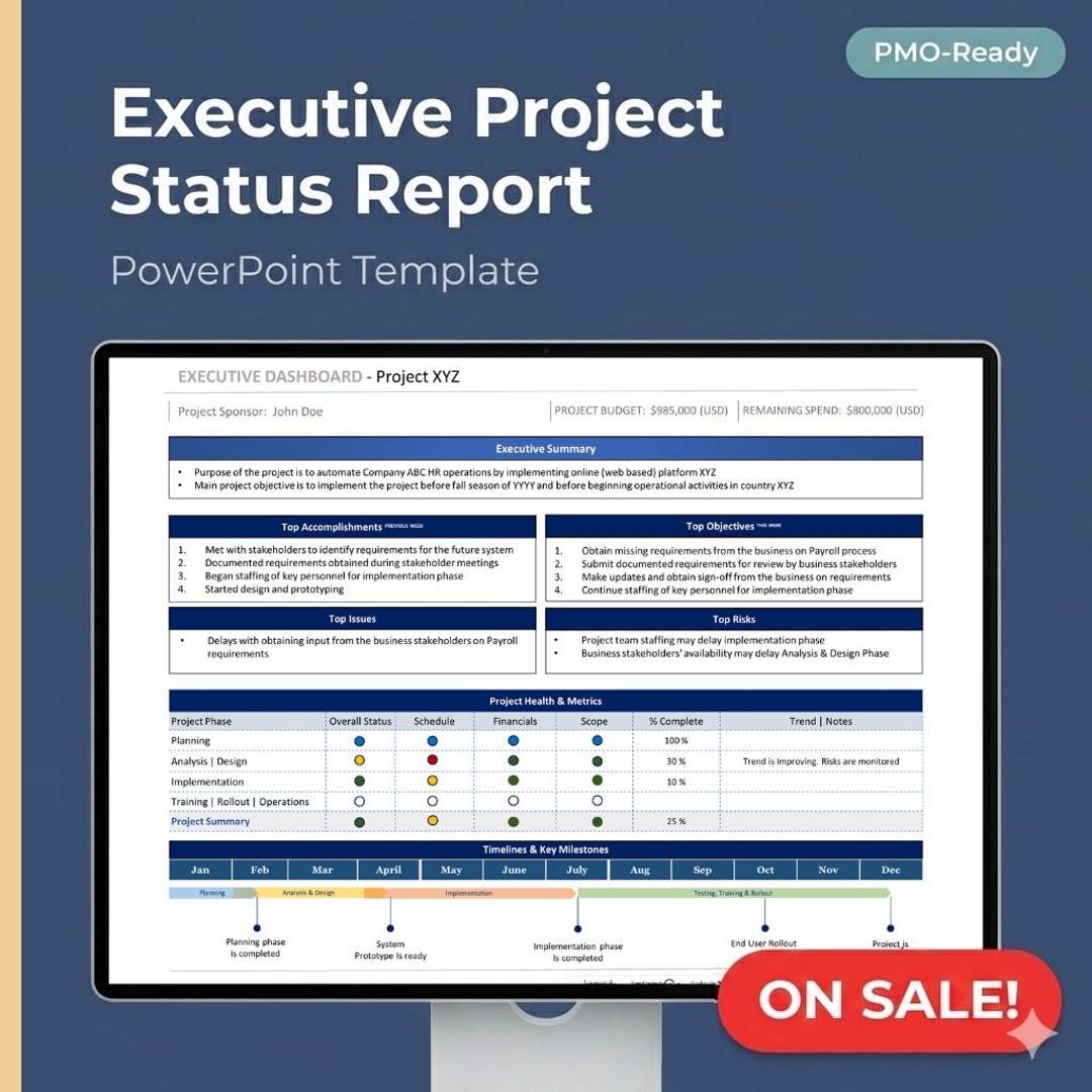 Project Status Report Powerpoint for PMO Executive Dashboard, Monthly ...