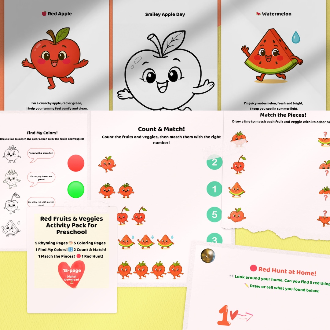 Printable Kids Activity Pack | Red Fruits & Veggies Worksheets ...