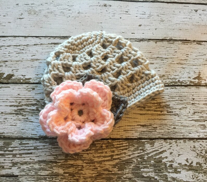 The Sofia Flower Beanie in Gray and Pale Pink With Matching - Etsy
