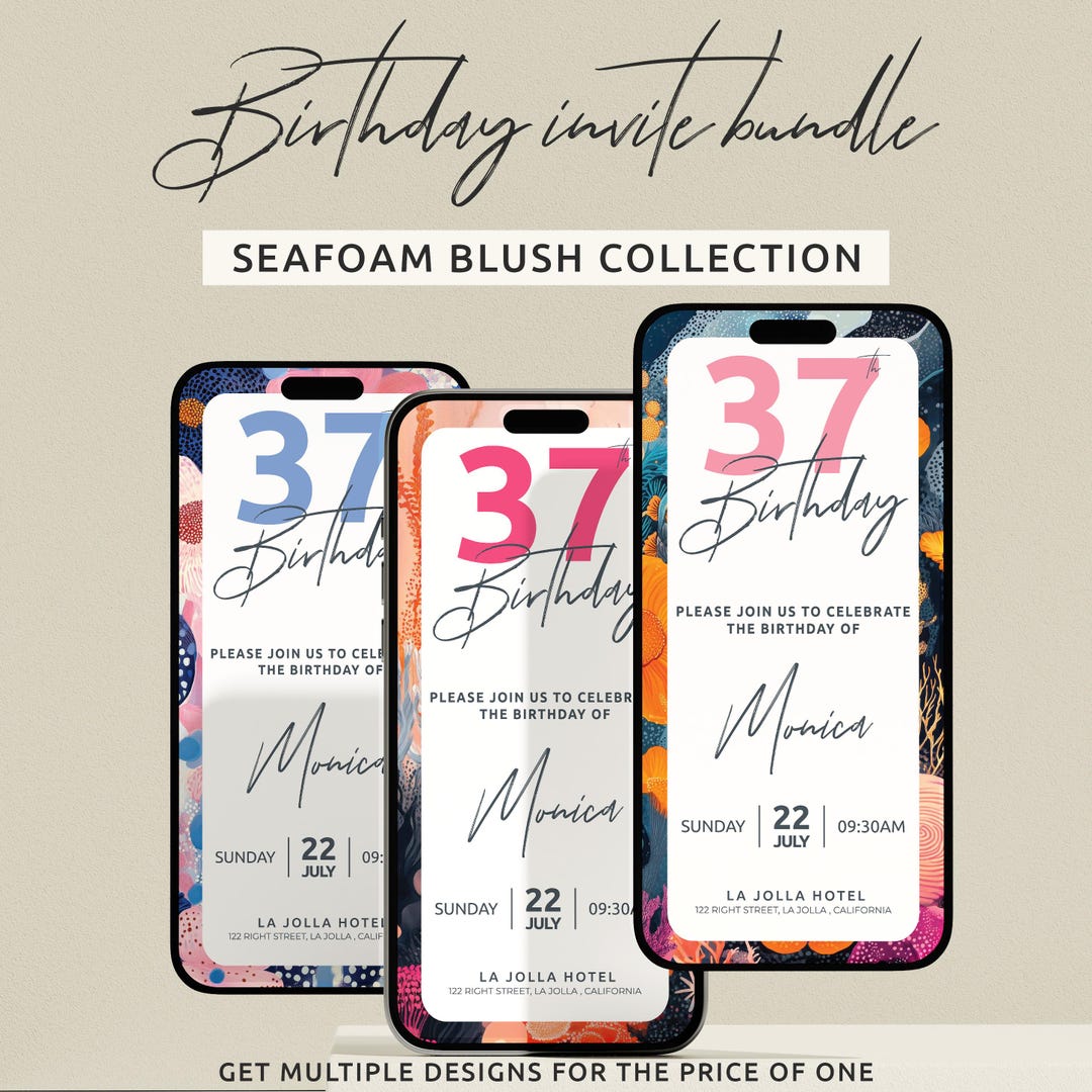 37th Birthday Invitation – Digital Party Invite Bundle | Seafoam Blush ...