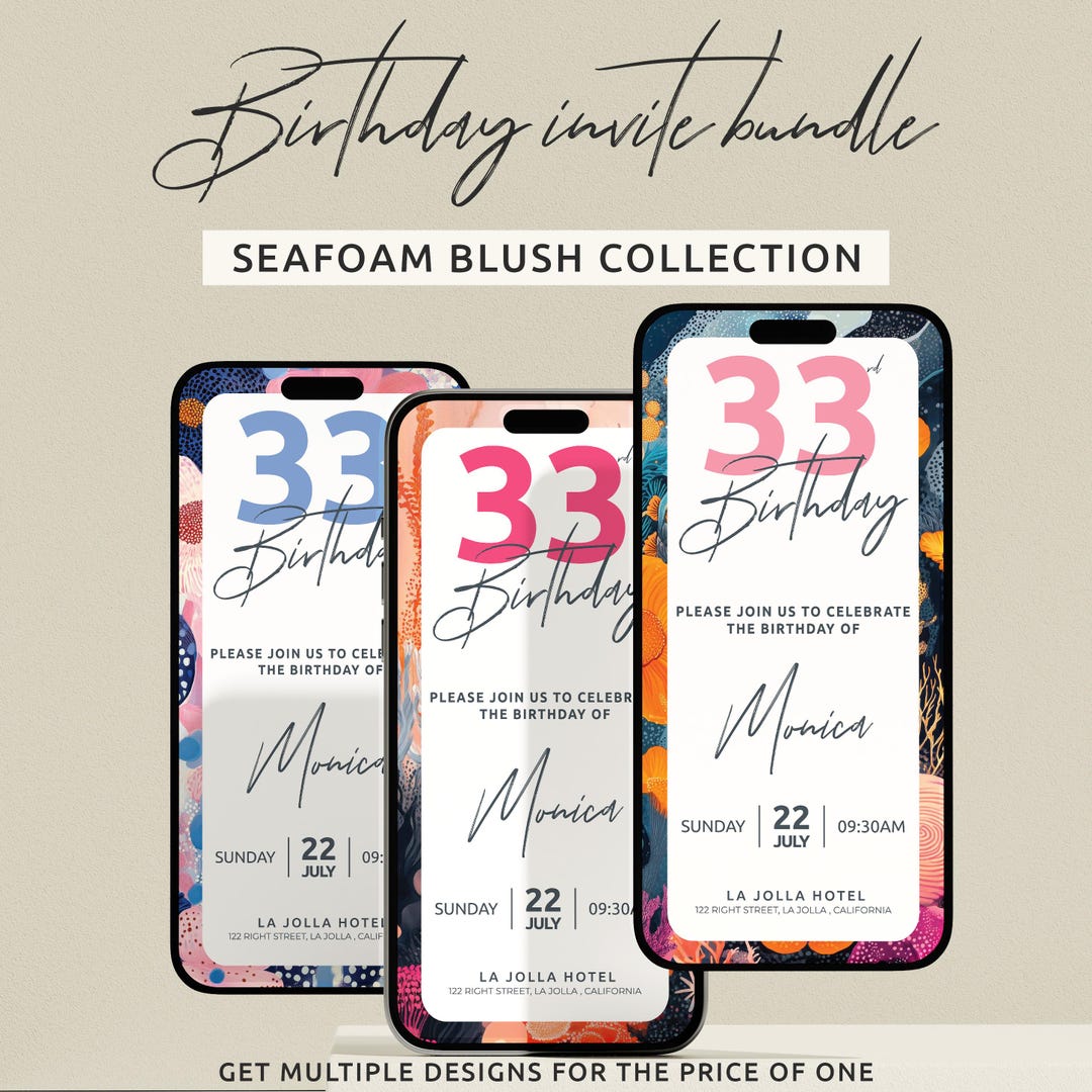 33rd Birthday Invitation – Digital Party Invite Bundle | Seafoam Blush ...
