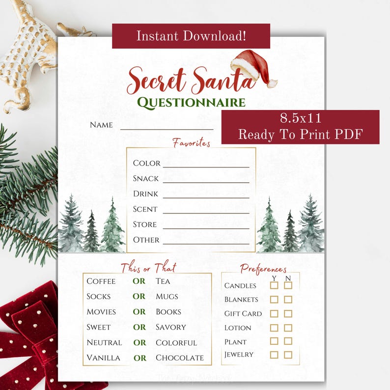 Printable Secret Santa Questionnaire • Work Christmas Party Gift ...