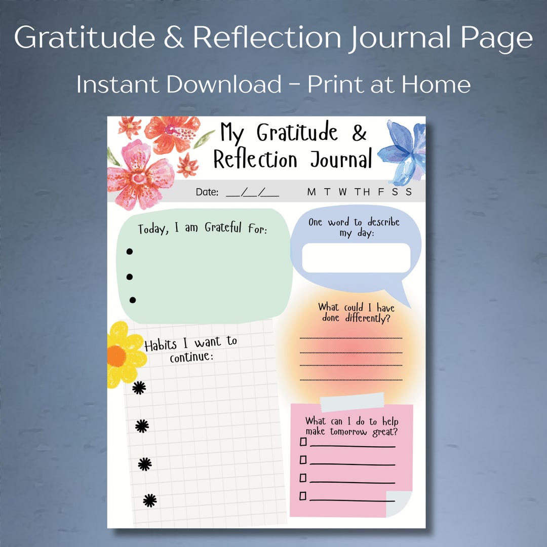 Printable Gratitude Reflection Journal Page | Daily Mindfulness Journal ...