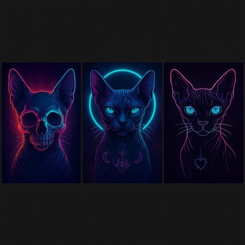 3 Neon Sphynx Cat Poster Set: Cyberpunk Gothic Decor (digital Download ...