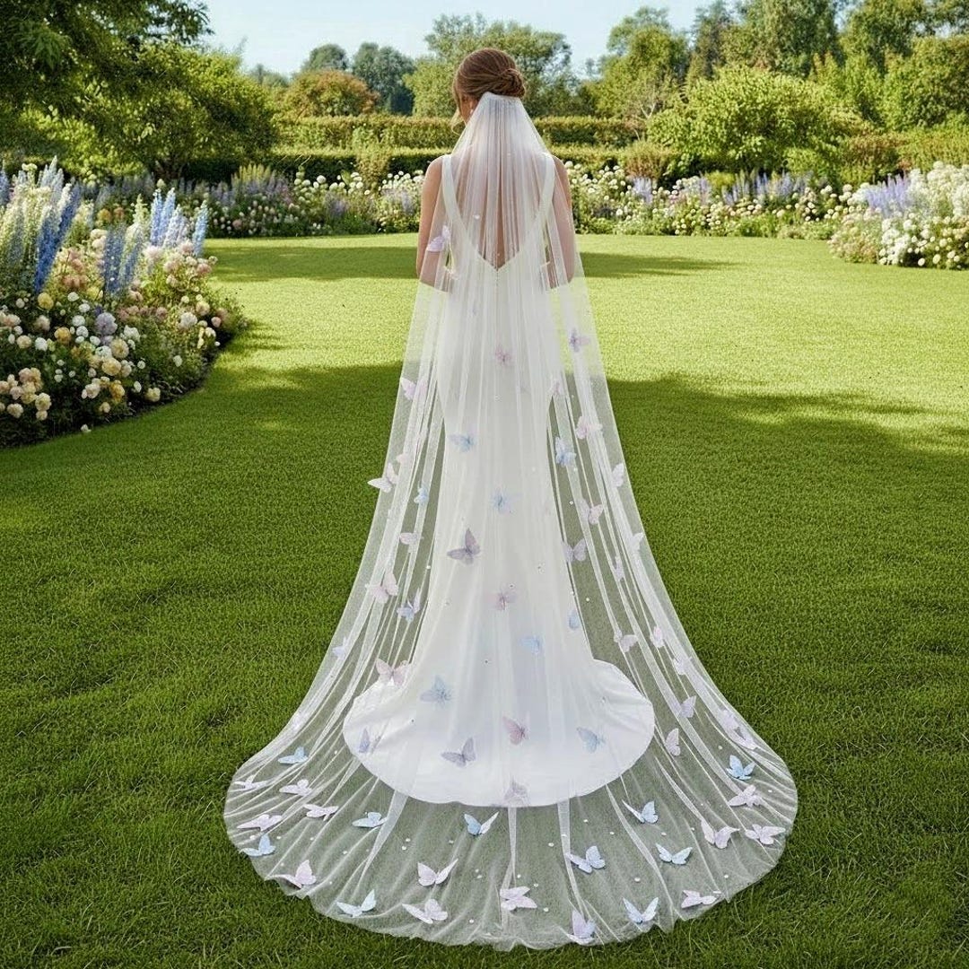 Pastel Butterfly Appliqués Cathedral Wedding Veil, Garden Wedding Veil ...