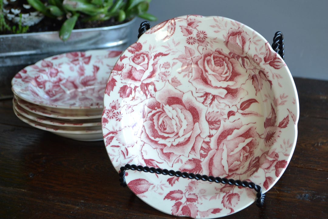 Five 5 Maruta Kasuga Ware Pink Rose Rim Cereal Soup Bowl Japan Vintage ...