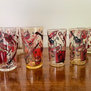 1950s Hazel Atlas Jazz Band Glass Barware Set Red Black Musical Decals ...