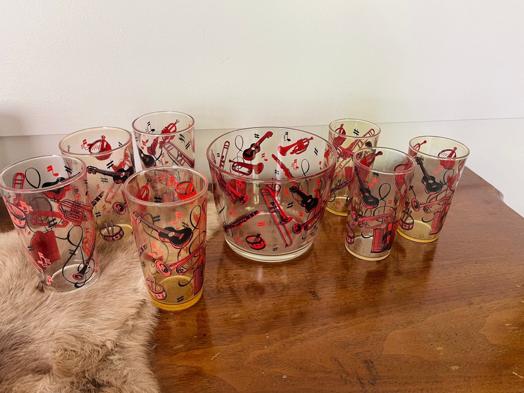 1950s Hazel Atlas Jazz Band Glass Barware Set Red Black Musical Decals ...