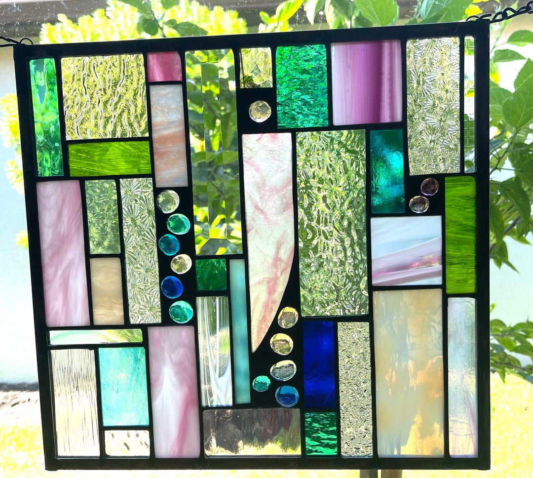 PINK PINK and TEAL Stained Glass Window Panel 13x12 Custom Made Just ...