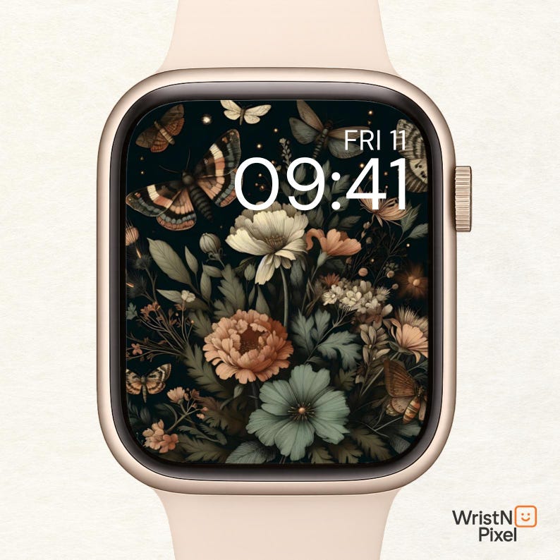 Botanical Apple Watch Wallpaper: Dark Floral Butterfly Design (digital ...