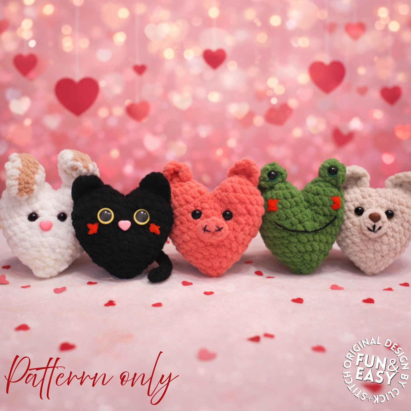 Heart Animals Crochet Pattern Set – 5 Cute Valentine Plushies (cat ...