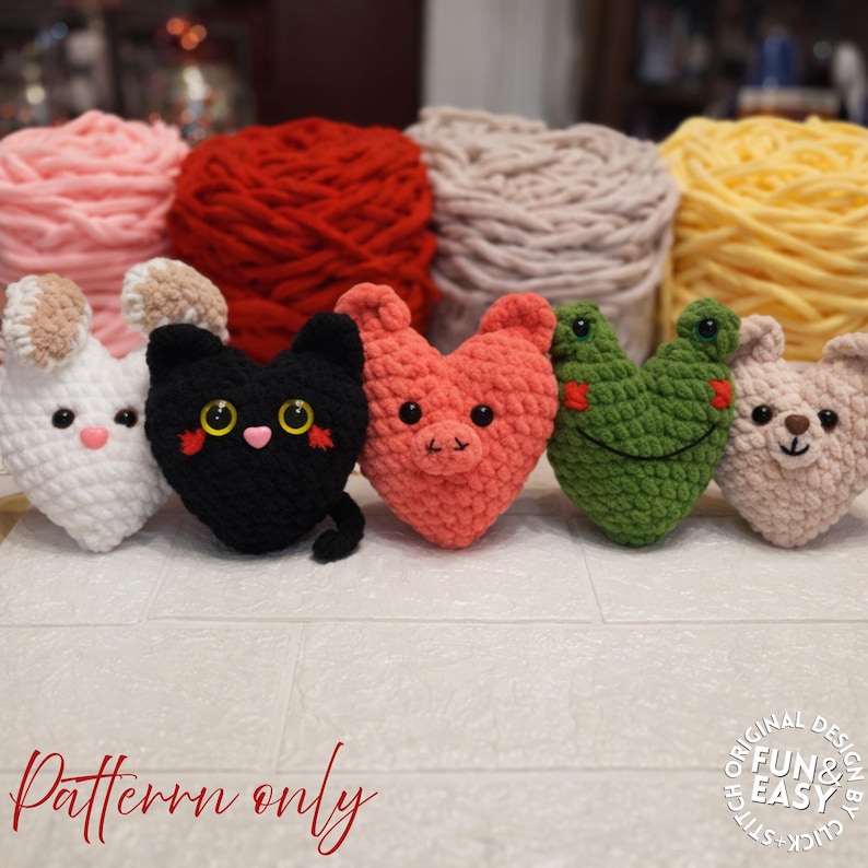 Heart Animals Crochet Pattern Set – 5 Cute Valentine Plushies (cat ...