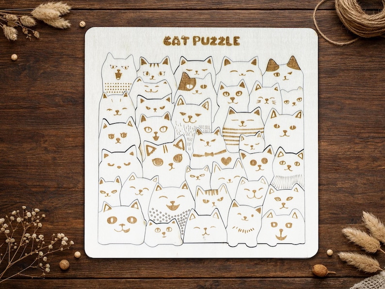 Wooden Cat Puzzle SVG Laser Cut, 36 Piece Jigsaw Kids Gift Glowforge ...