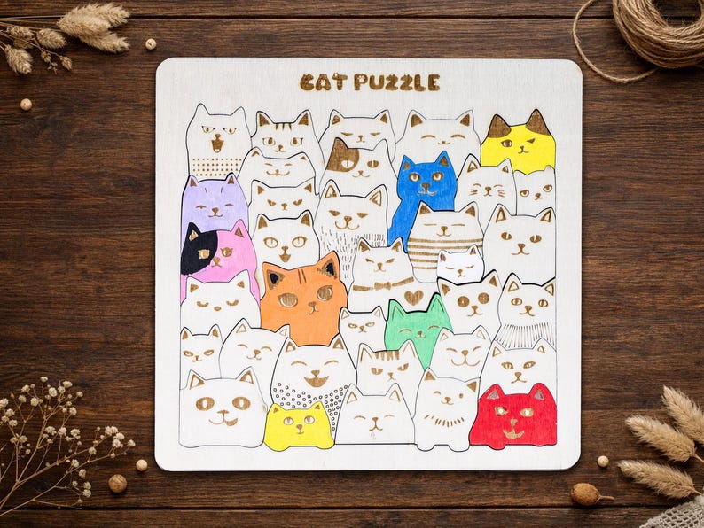 Wooden Cat Puzzle SVG Laser Cut, 36 Piece Jigsaw Kids Gift Glowforge ...