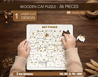 Wooden Cat Puzzle SVG Laser Cut, 36 Piece Jigsaw Kids Gift Glowforge ...