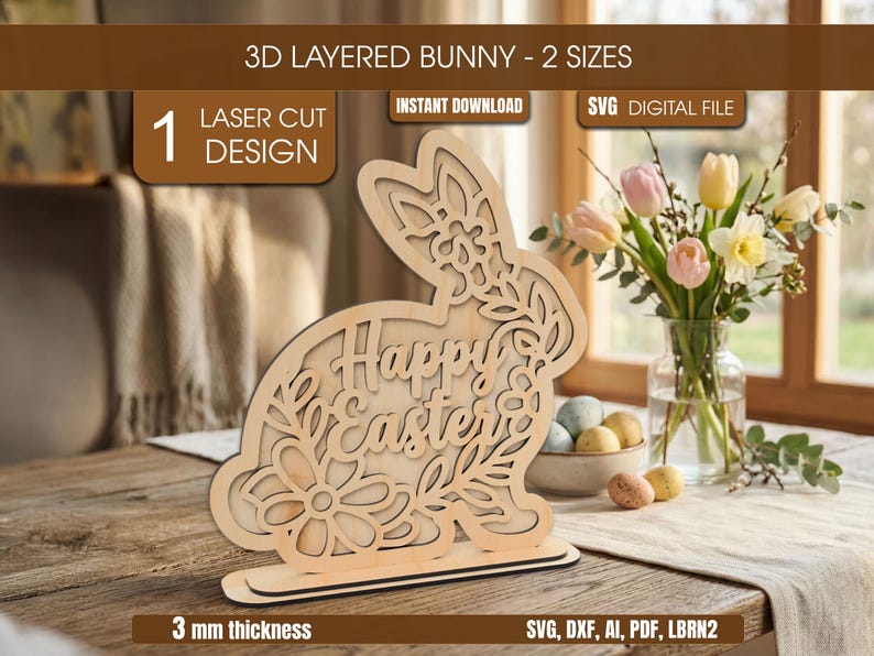 Layered Bunny SVG Laser Cut File, Easter Rabbit DXF Glowforge Cricut ...