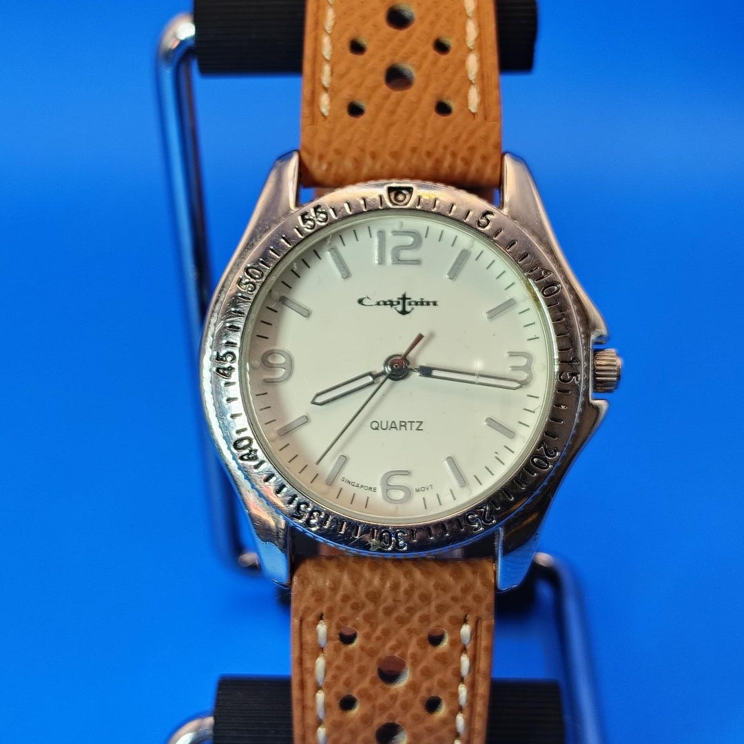 Vintage Captain 33mm Mens Quartz Watch Leather Strap Deployment Clasp ...