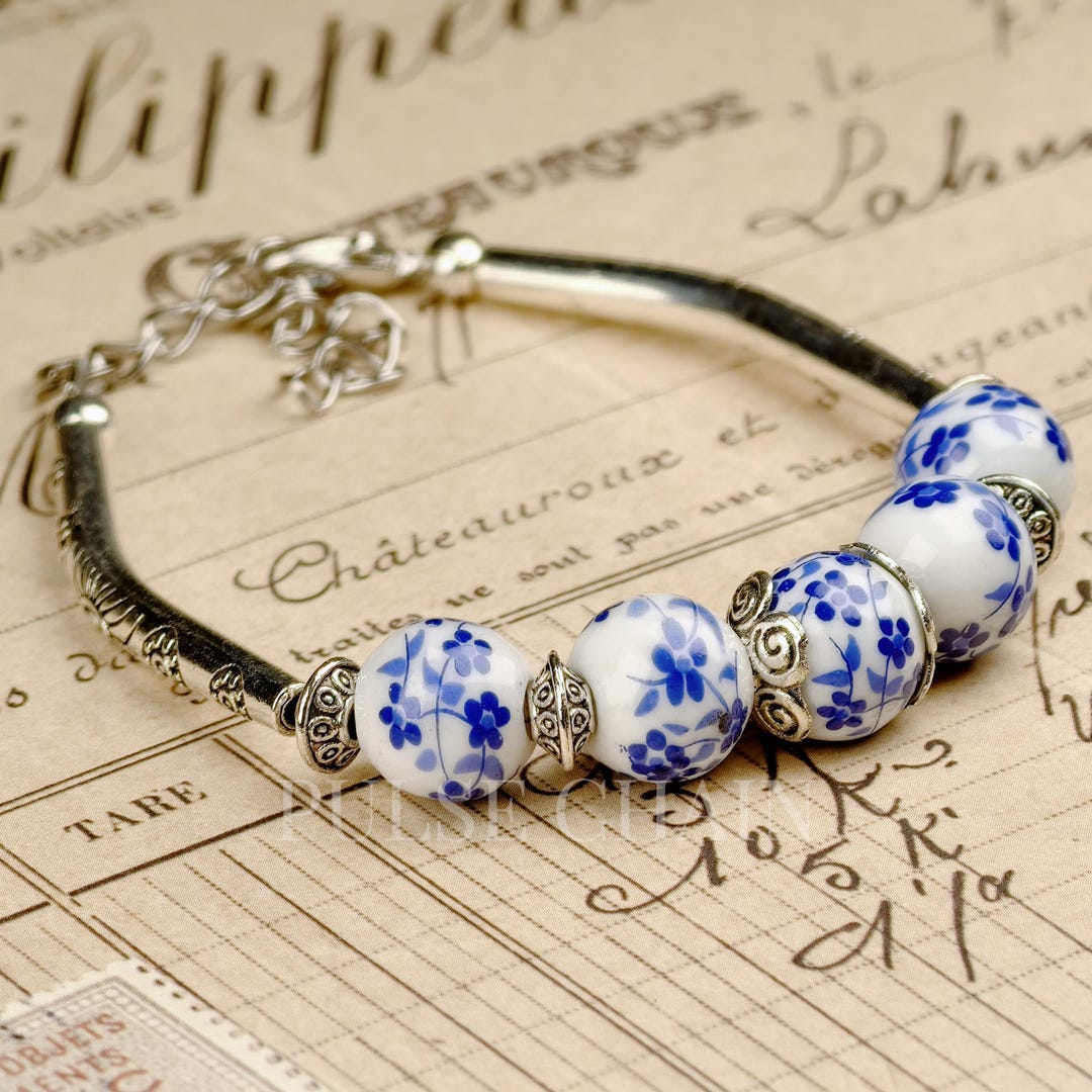 Sapphire Scroll Blue White Porcelain Bracelet：ceramic Jewelry, Handmade ...
