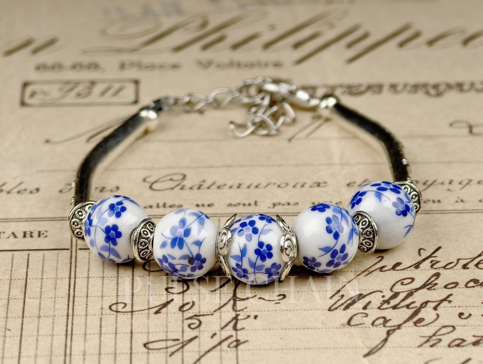 Sapphire Scroll Blue White Porcelain Bracelet：ceramic Jewelry, Handmade ...