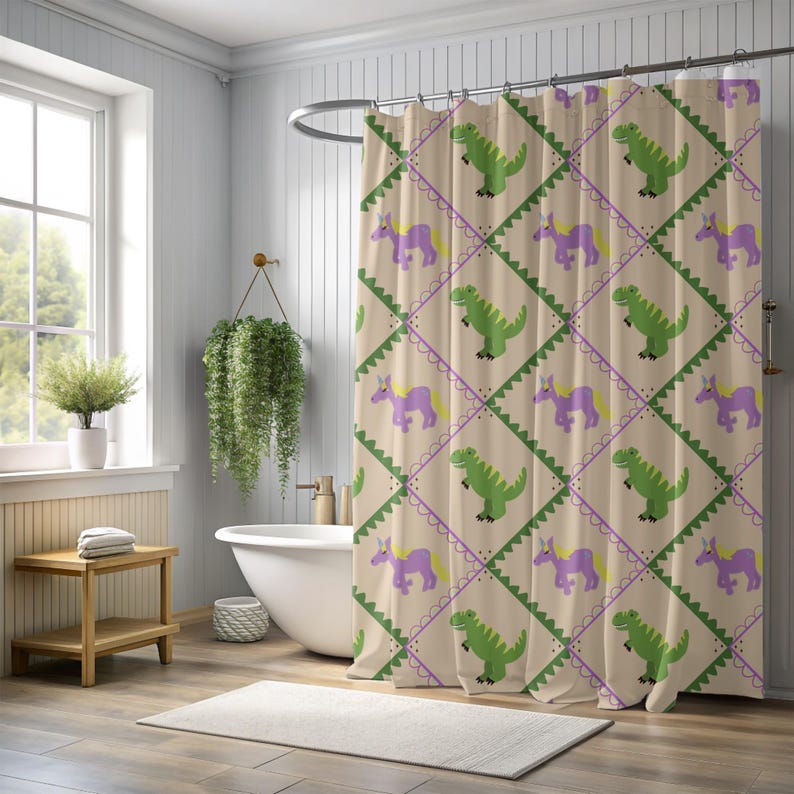 Shower Curtain: Kids' Bathroom Decor, Unicorn and T-rex Design, Sibling ...