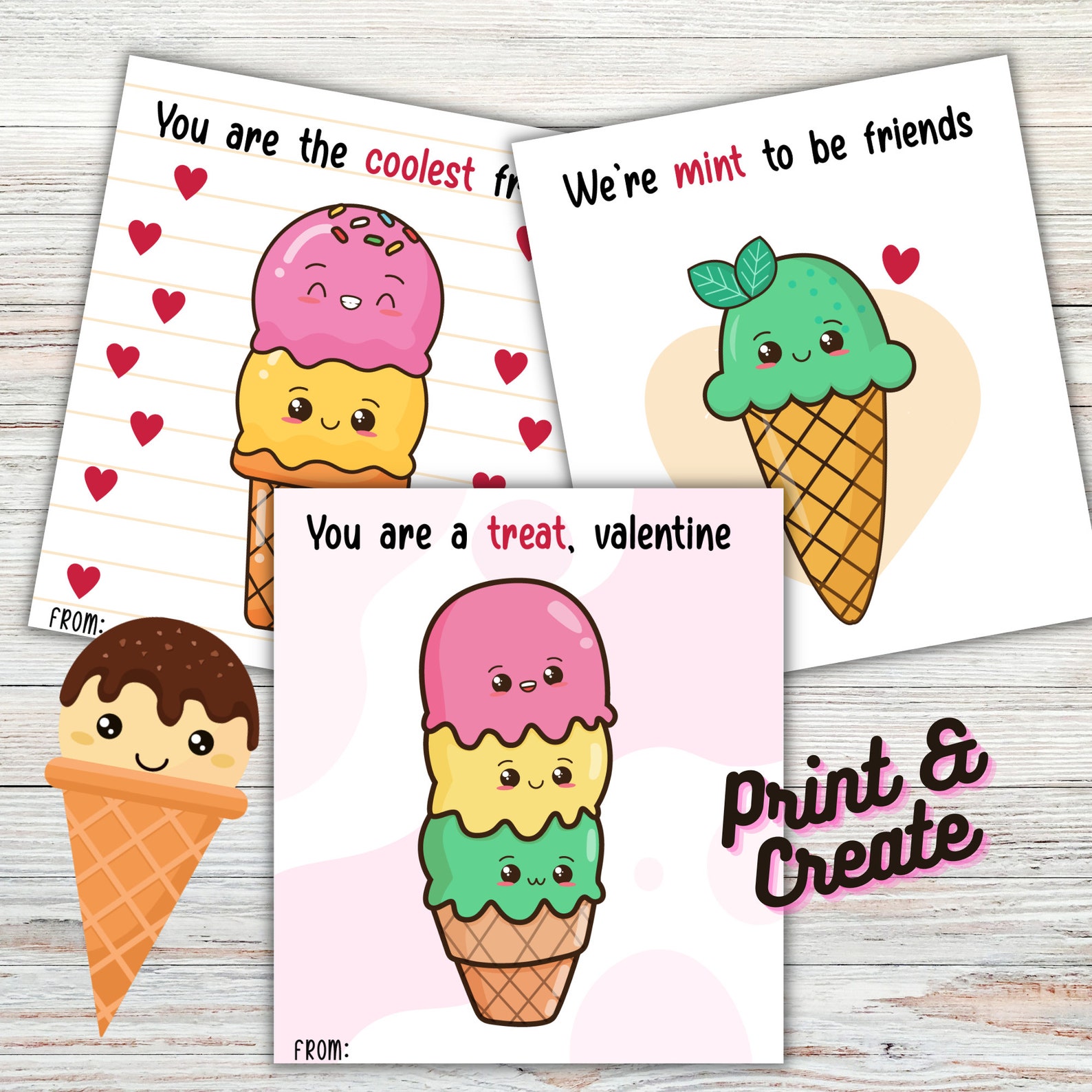 Ice Cream Valentine Printable Bundle - Valentines Day Printable Cards ...