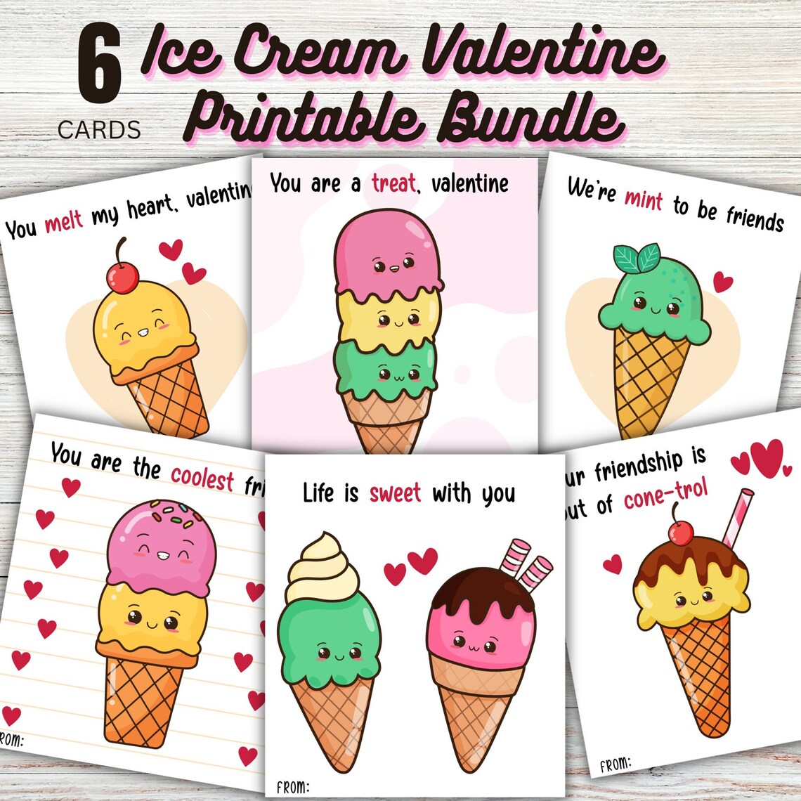 Ice Cream Valentine Printable Bundle - Valentines Day Printable Cards ...