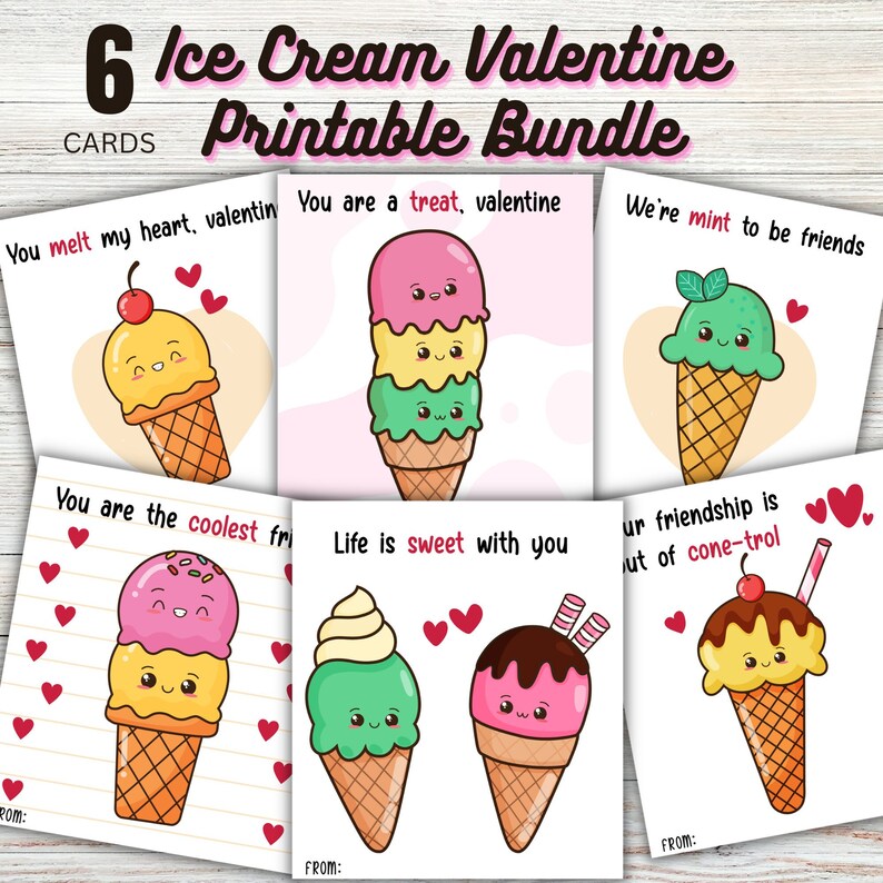 Ice Cream Valentine Printable Bundle - Valentines Day Printable Cards ...