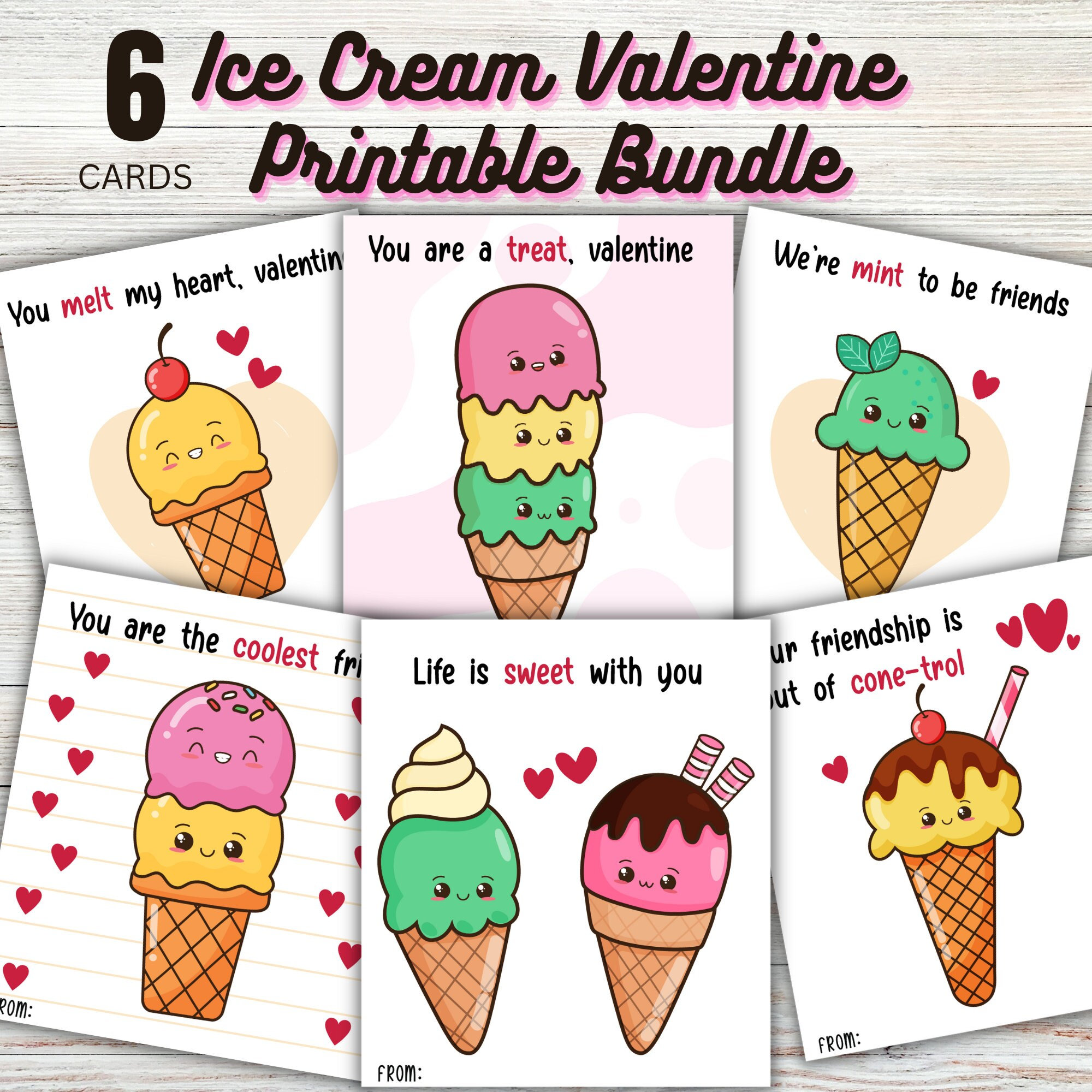Ice Cream Valentine Printable Bundle - Valentines Day Printable Cards ...