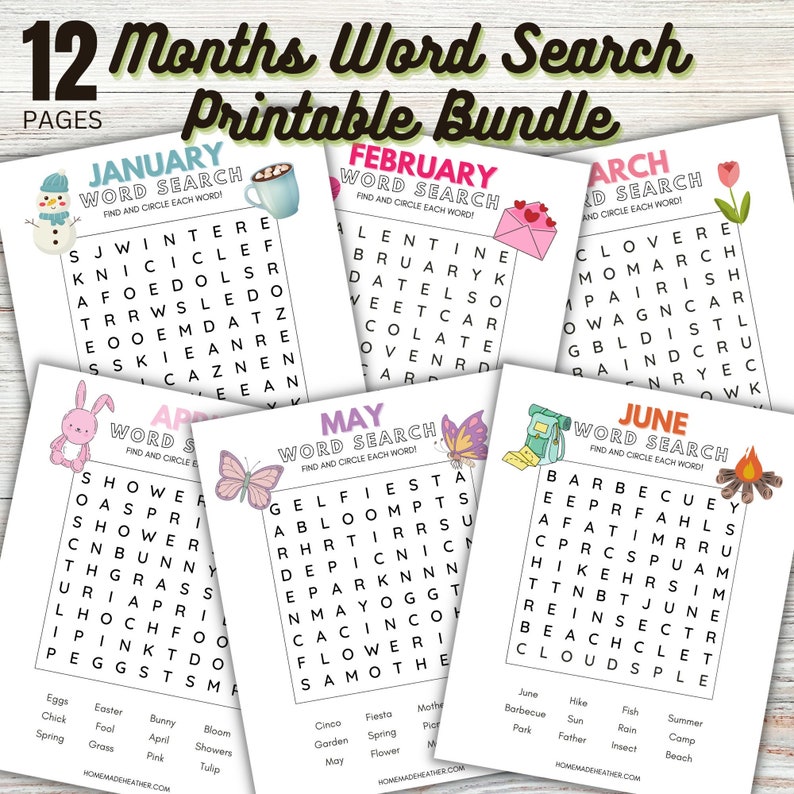 12 Months Word Search Printable Bundle Word Search Bundle - Etsy