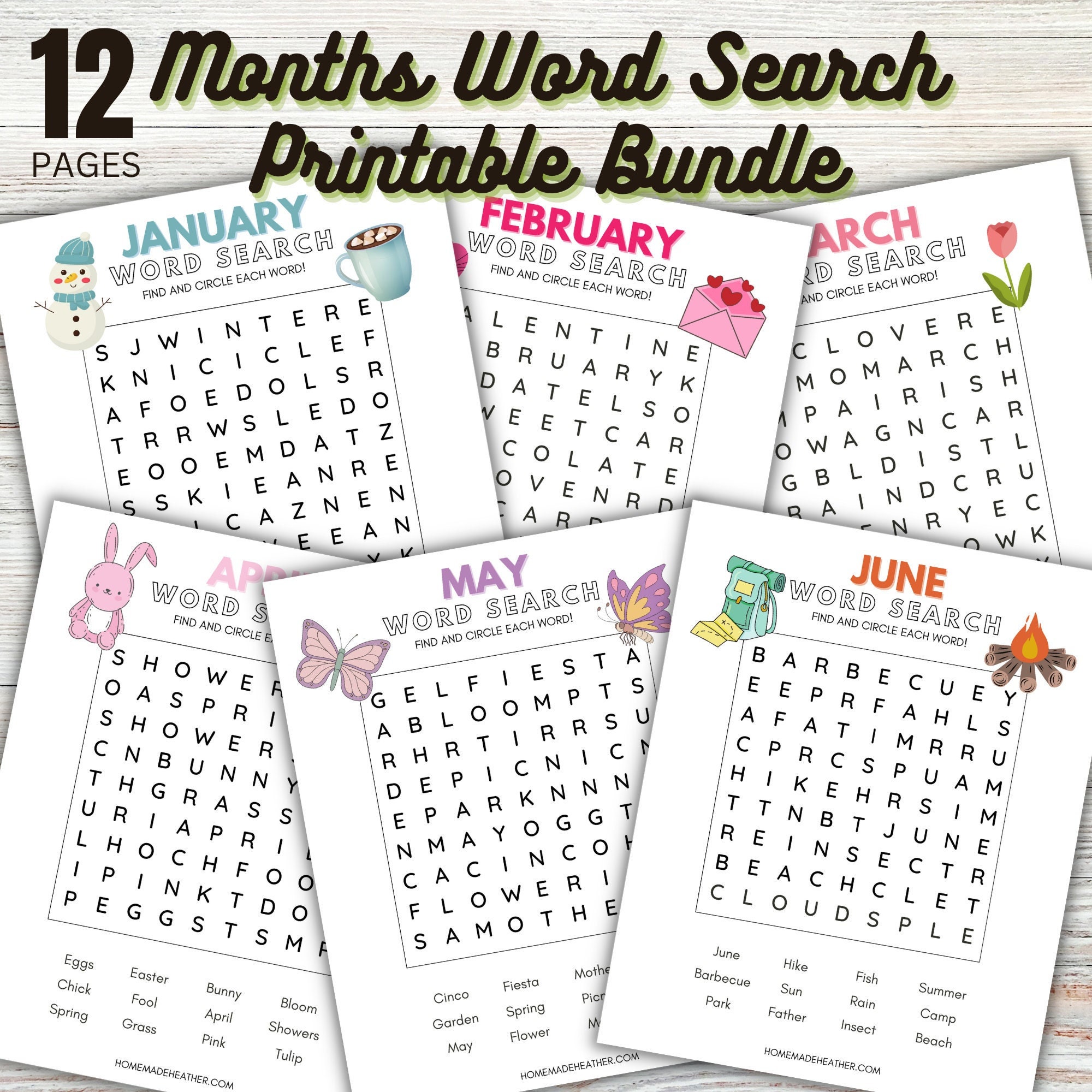 12 Months Word Search Printable Bundle - Word Search Bundle Printable ...
