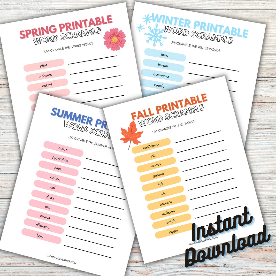 Four Season Word Scramble Printable Bundle Word Scramble Seasons Bundle ...