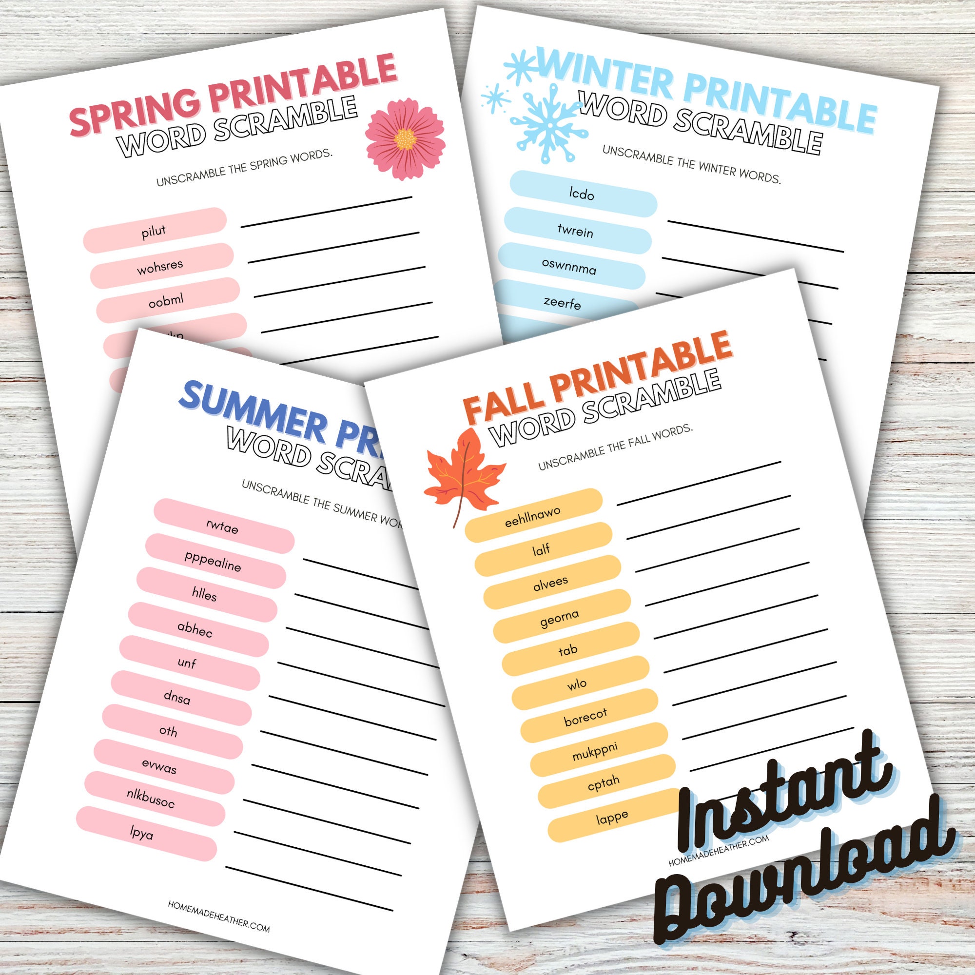 Four Season Word Scramble Printable Bundle Word Scramble Seasons Bundle ...