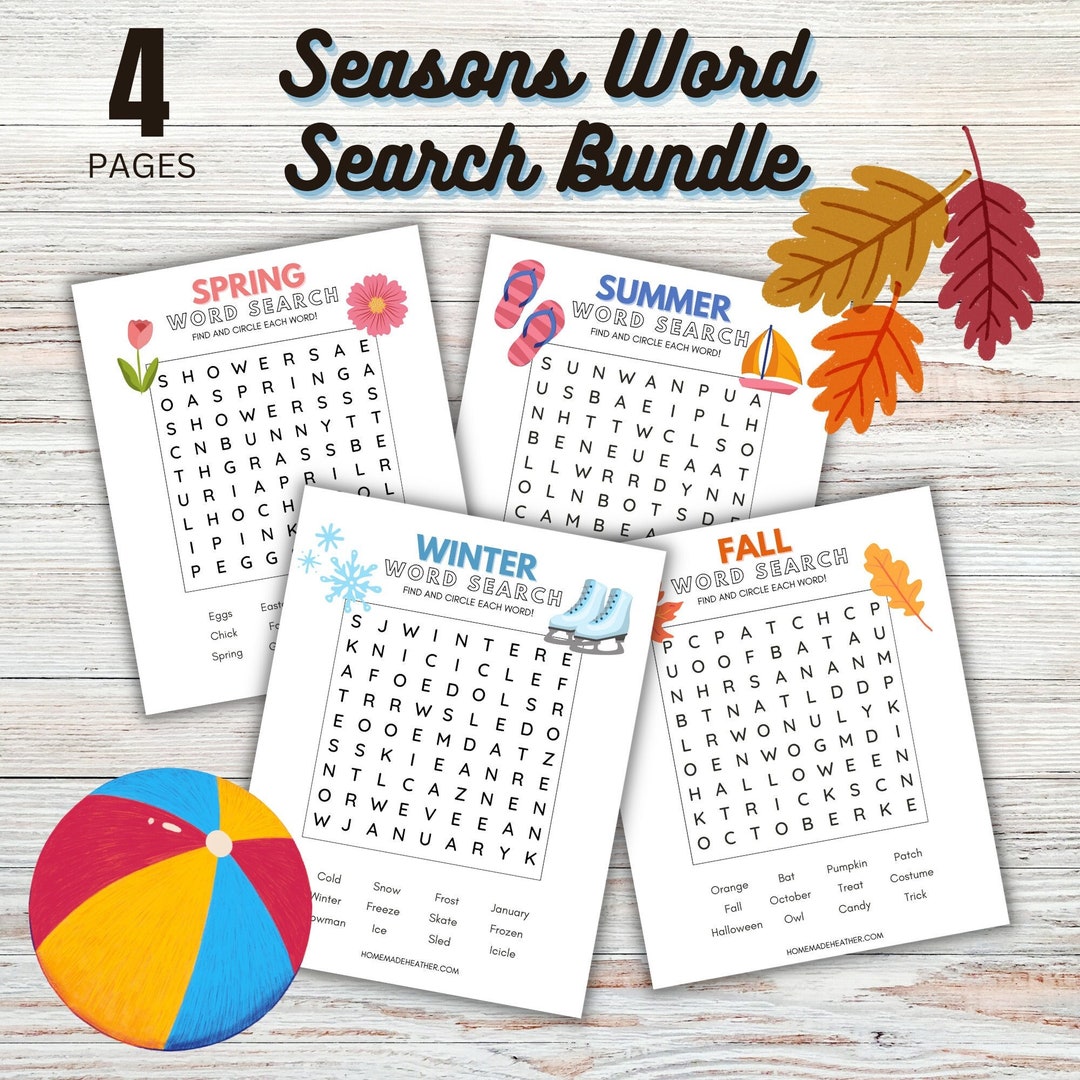 Four Season Word Search Printable Bundle - Word Search Seasons Bundle ...