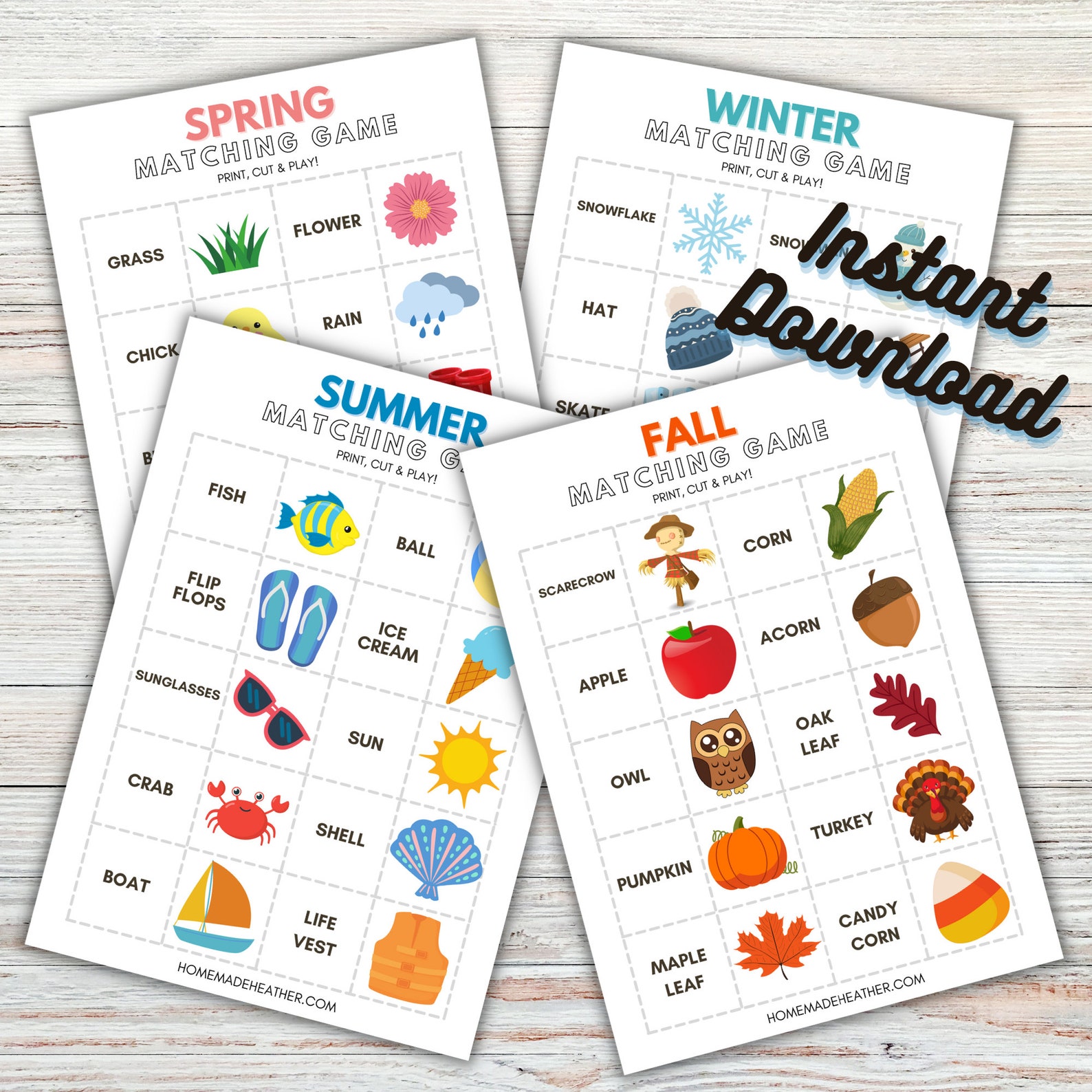 Seasons Matching Game Printable Bundle - Four Season Matching Game ...