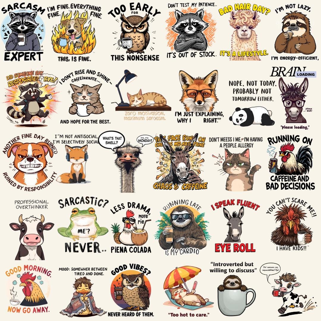 Sarcastic Animal PNG Bundle, Funny Quotes, Sublimation Designs (digital ...