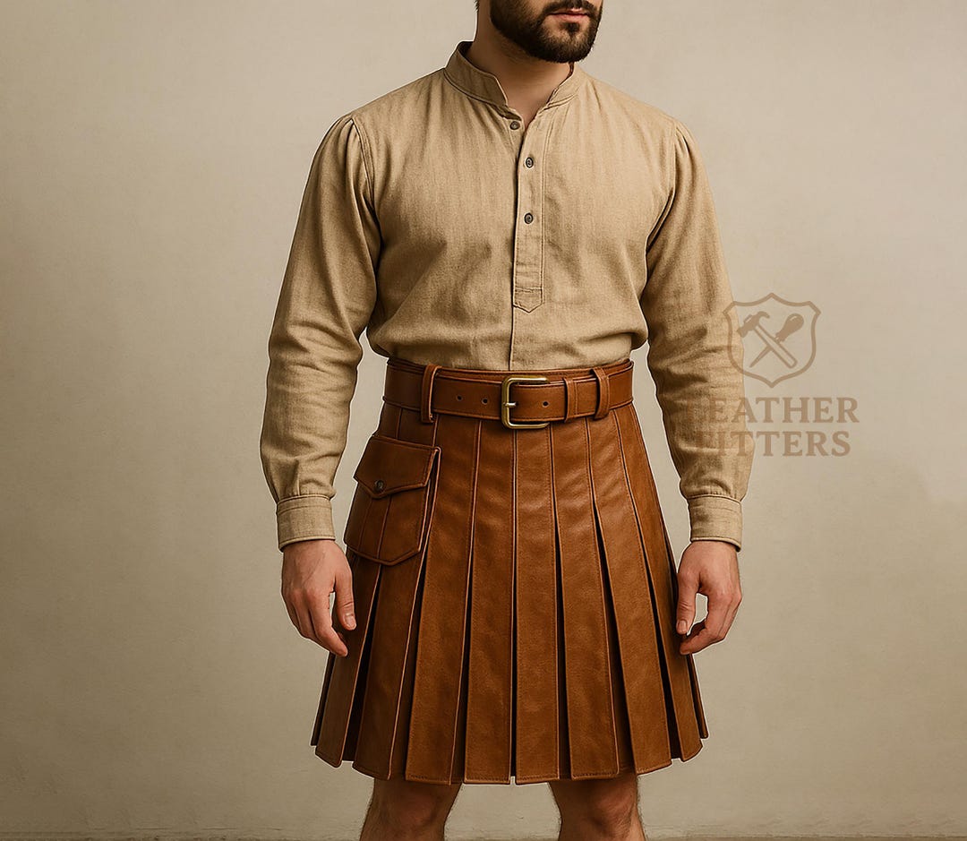 Handmade Brown Leather Utility Kilt for Men | Custom Scottish Pleated ...