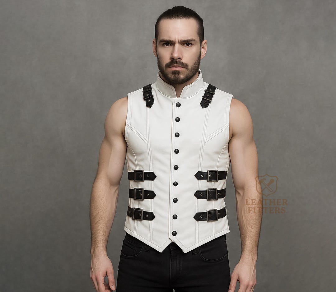 Handmade White Leather Buckle Vest for Men | Steampunk Festival Costume ...