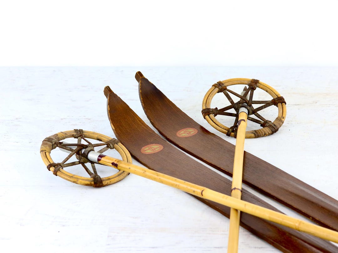 Vintage Wood Skis With Pointy Tips and Bamboo Ski Poles, Antique Nipple ...