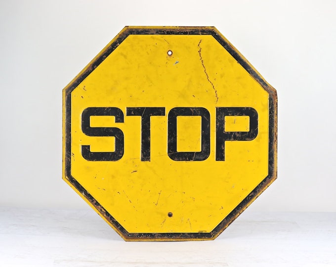 Yellow Stop Sign, Stop Sign, Metal Stop Sign, Vintage Stop Sign ...