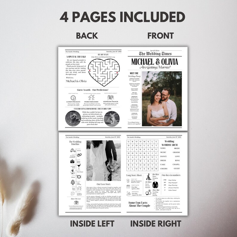 Wedding Newspaper Template: DIY Folded Program, Canva Editable (digital ...